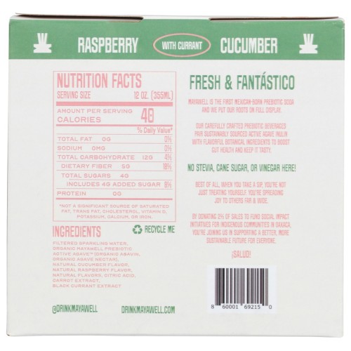 MAYAWELL: Raspberry Cucumber Prebiotic Soda 4Pk, 48 fo