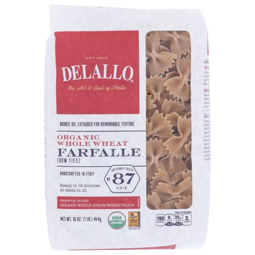 DELALLO: Whole Wheat Farfalle Whole Wheat Bow Tie Pasta, 16 oz